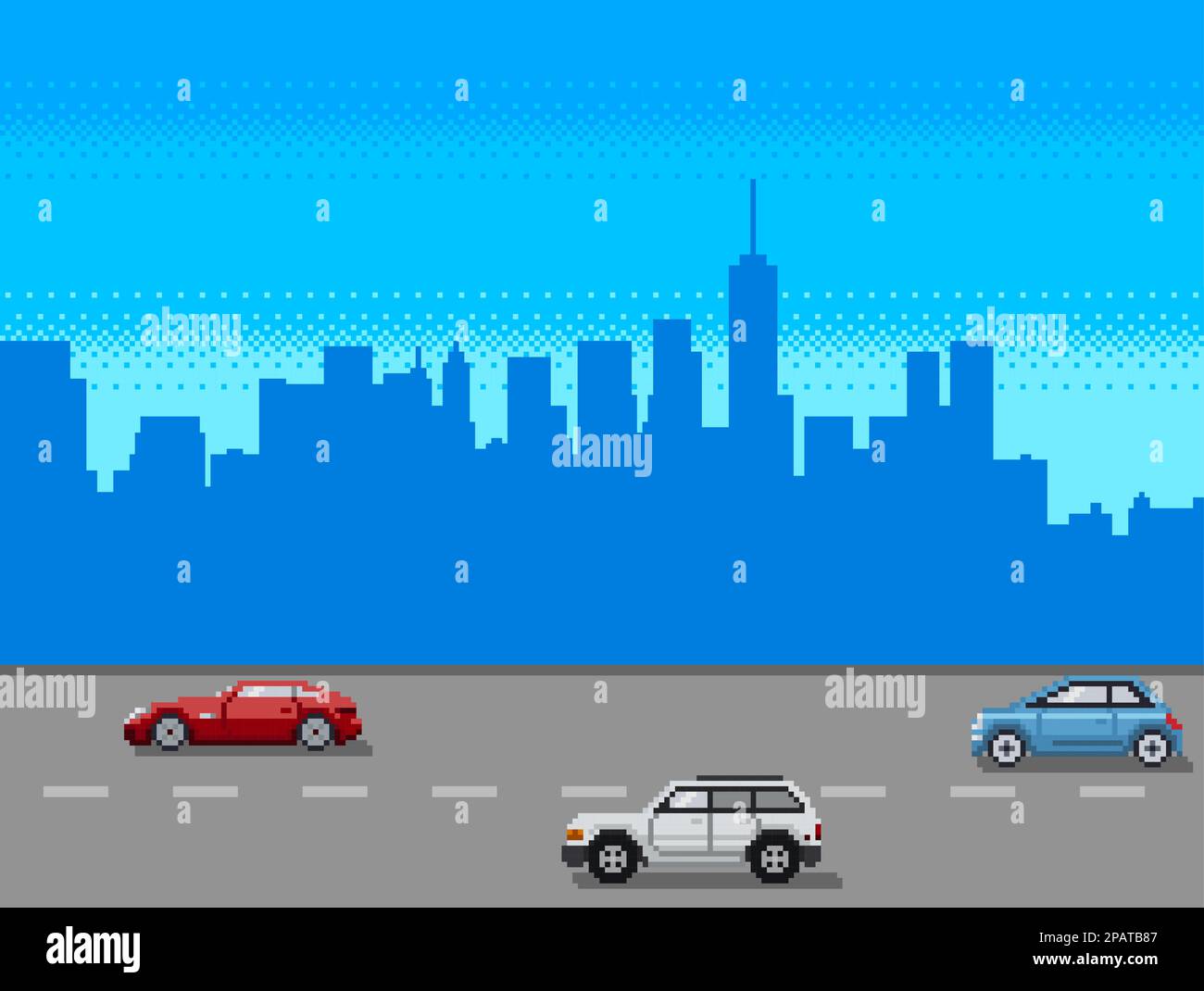 Flat pixel cartoon style of urban landscape street with cars, skyline ...