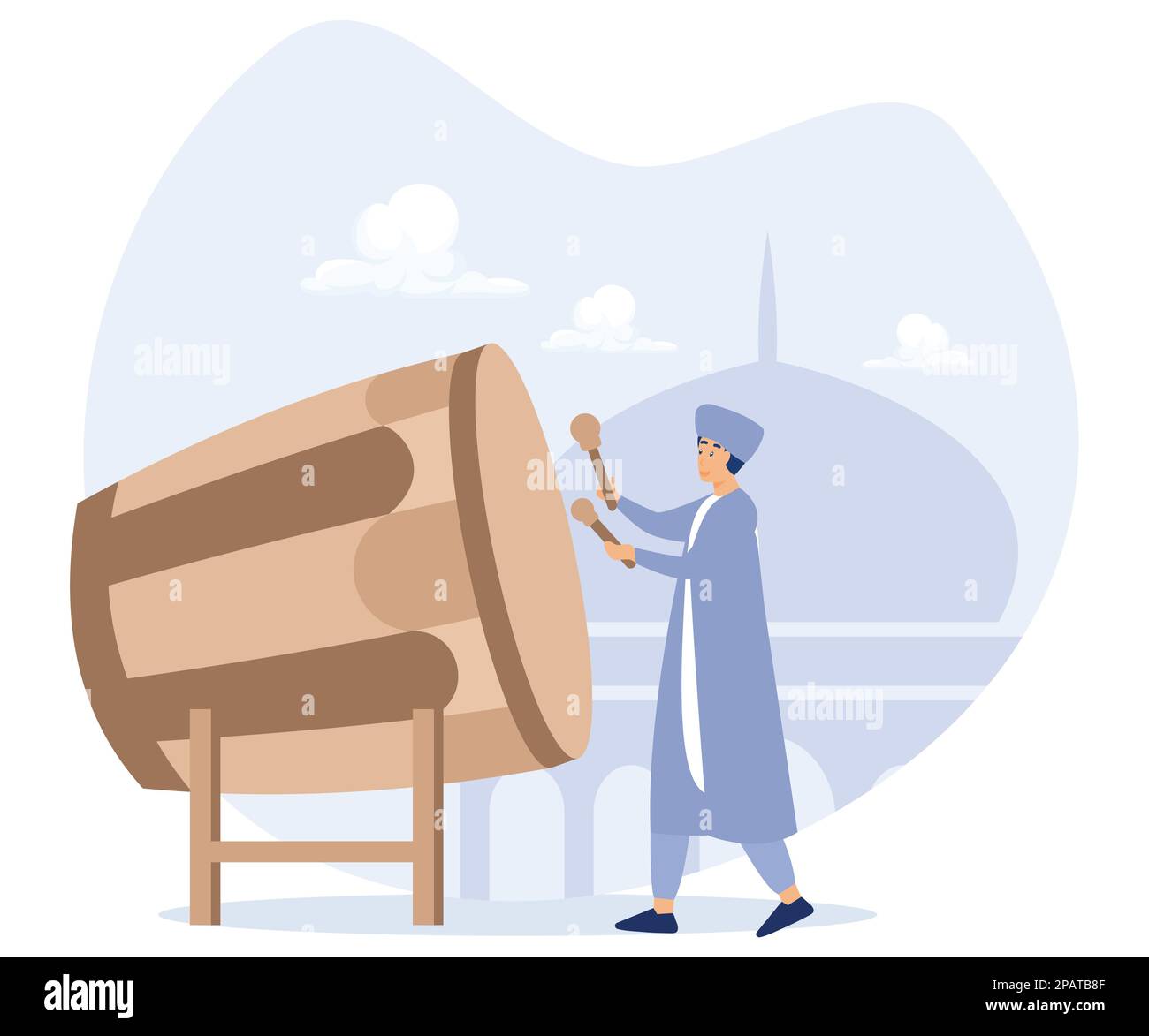 muslim man playing bedug, ramadan kareem with mosque background, flat ...