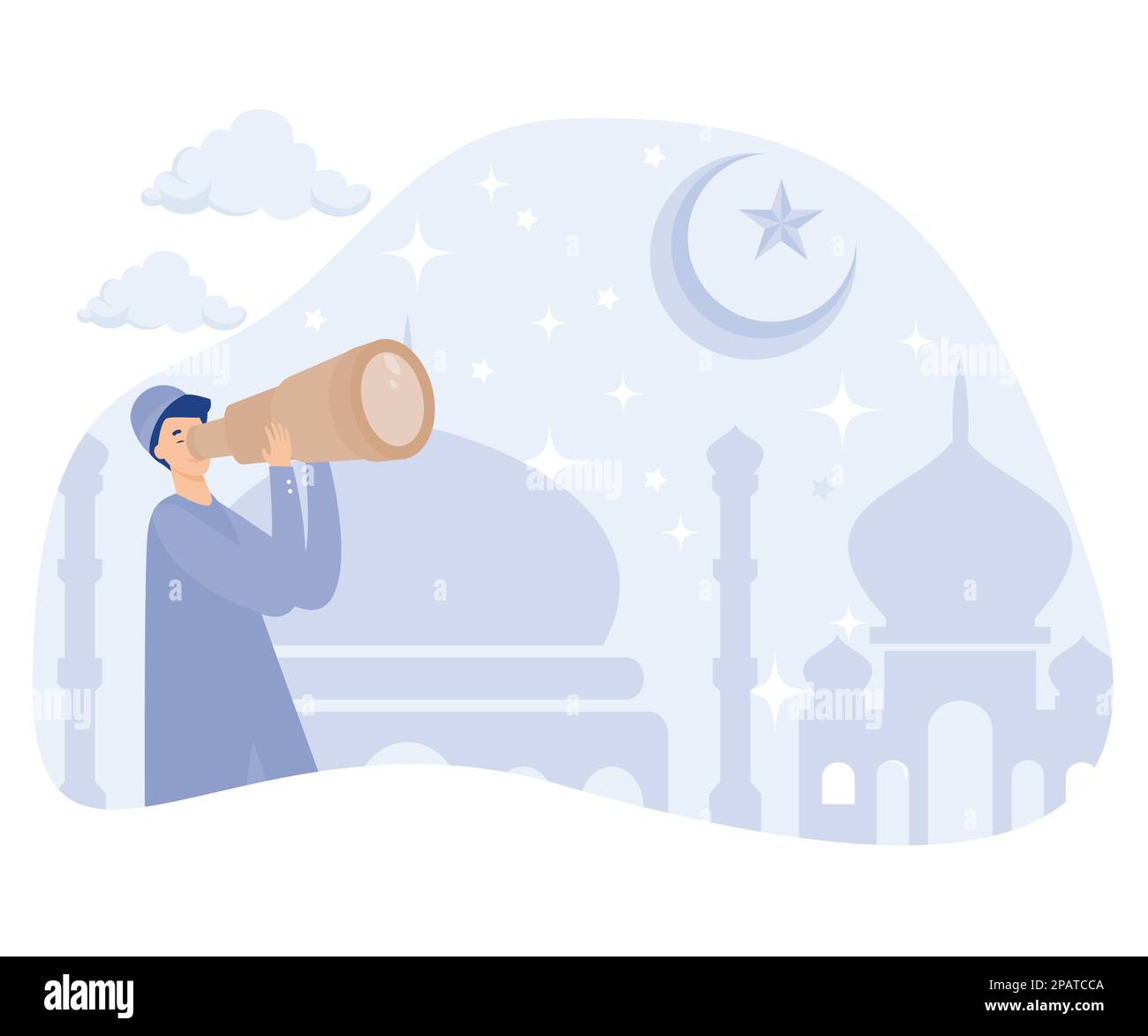 Muslim searching the new moon or hilal with telescope, signals start of ...