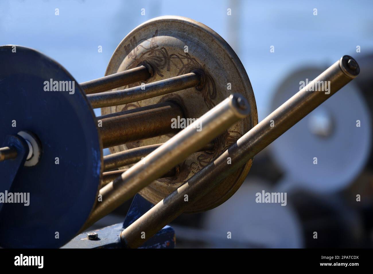 Traditional Greek wooden fishing boat nets bow manual winch trawler ...