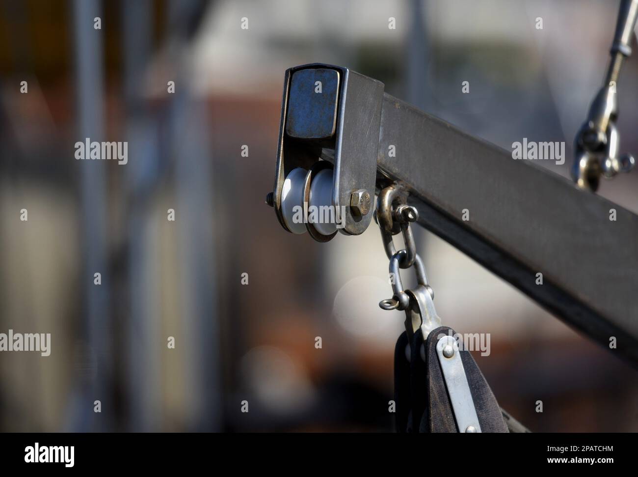 Marine boat stainless steel pulley system Stock Photo - Alamy