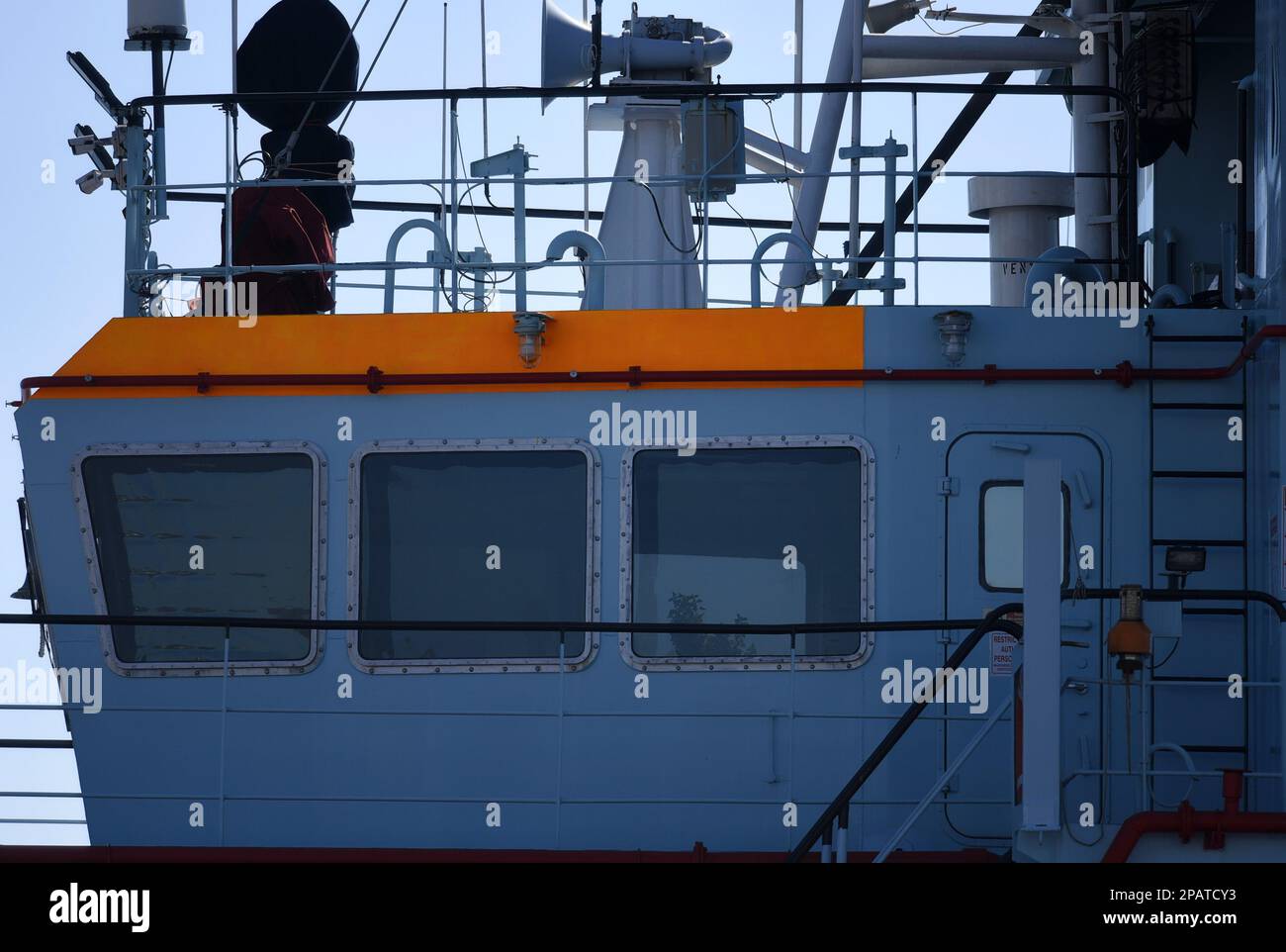 Cargo ship wheelhouse and navigation tower at the port of Eleusis in ...