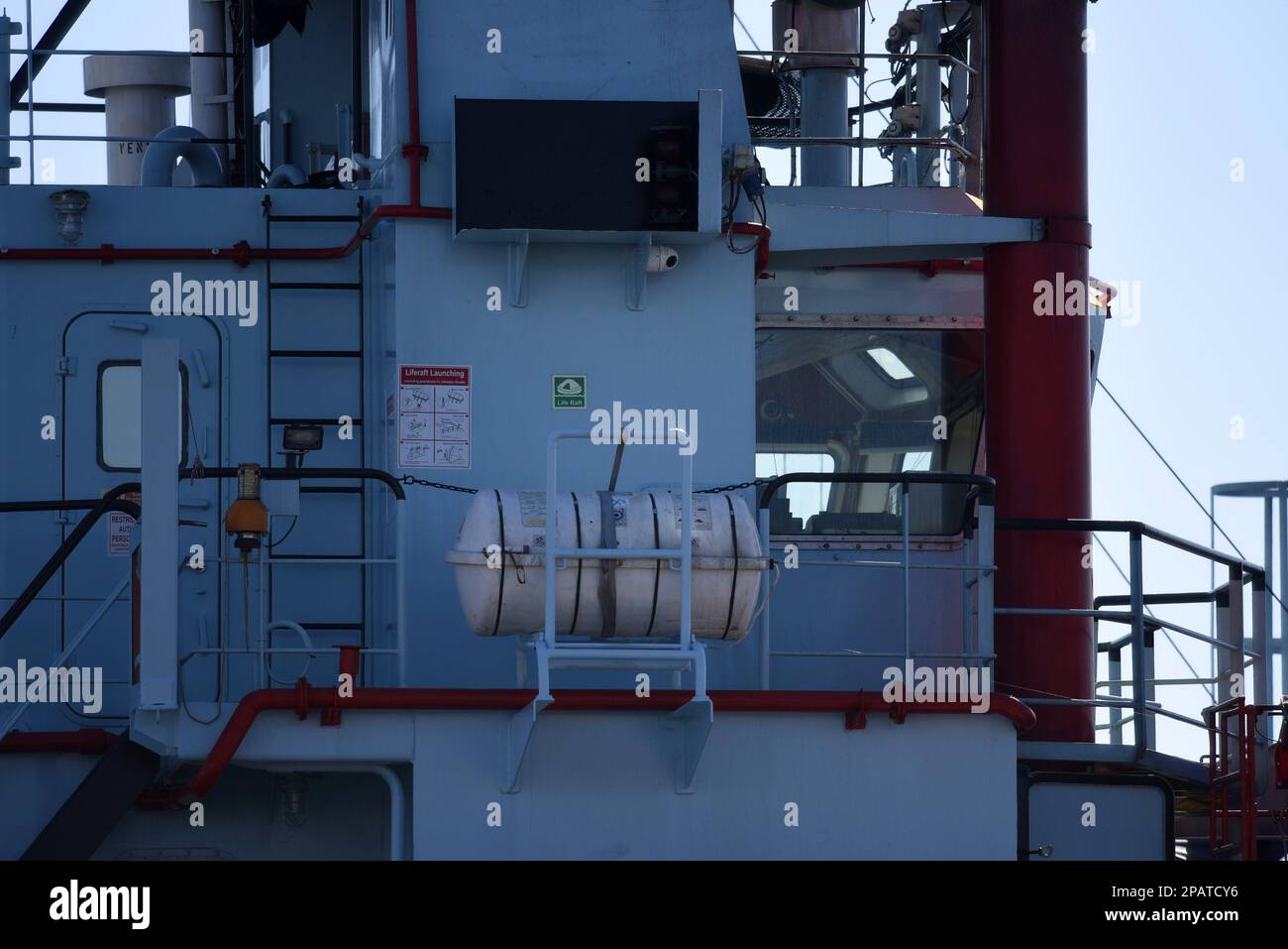 Cargo ship wheelhouse and navigation tower at the port of Eleusis in ...