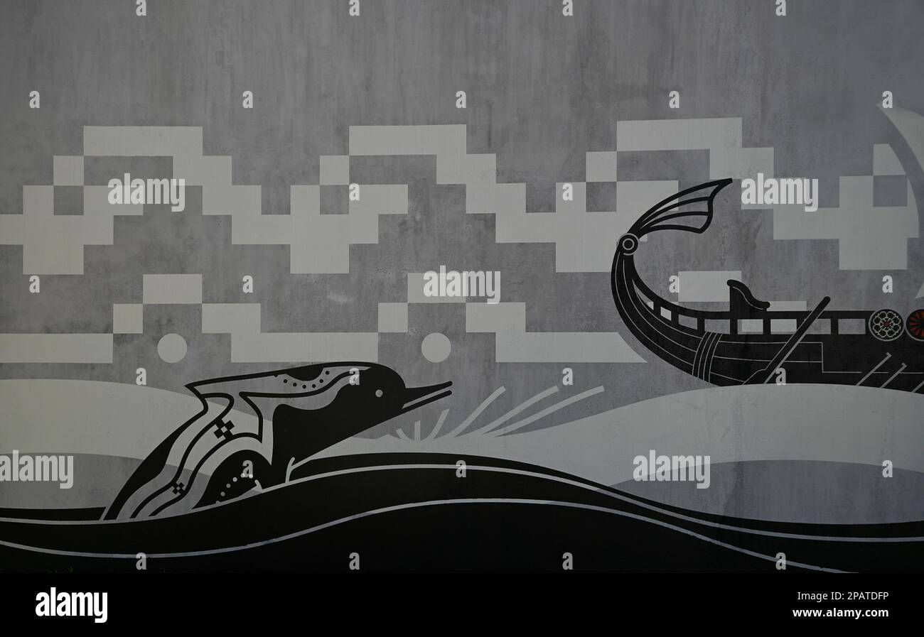 Trireme and dolphin mural on a public building wall Stock Photo - Alamy