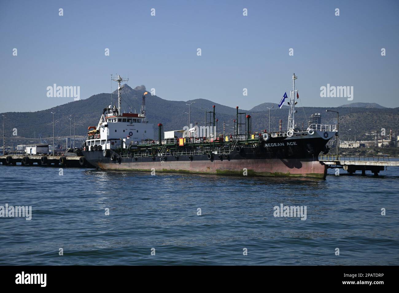 Seascape with scenic view of the Aegean Ace a bunkering tanker at the ...
