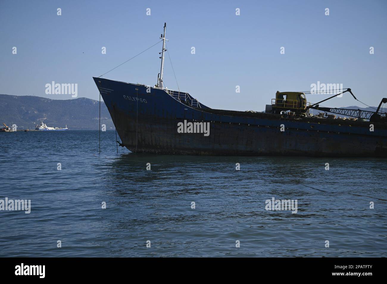 Landscape with various shipwrecks at the shallow Bay of Eleusis in ...