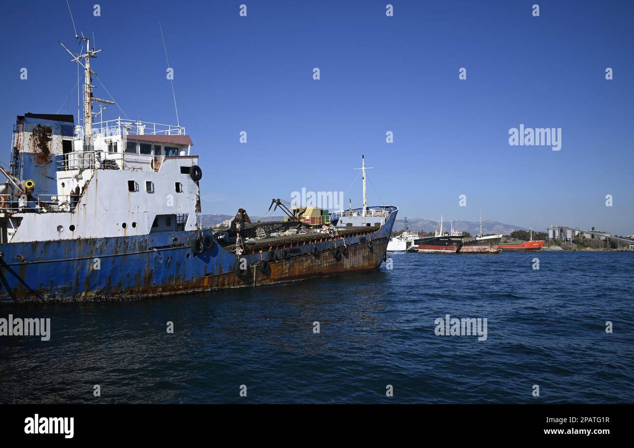 Landscape with various shipwrecks at the shallow Bay of Eleusis in ...
