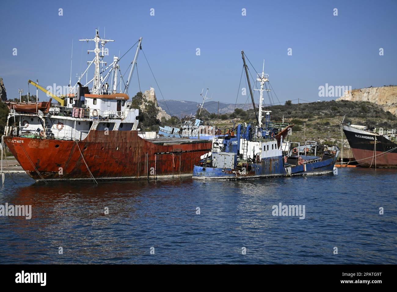 Landscape with various shipwrecks at the shallow Bay of Eleusis in ...