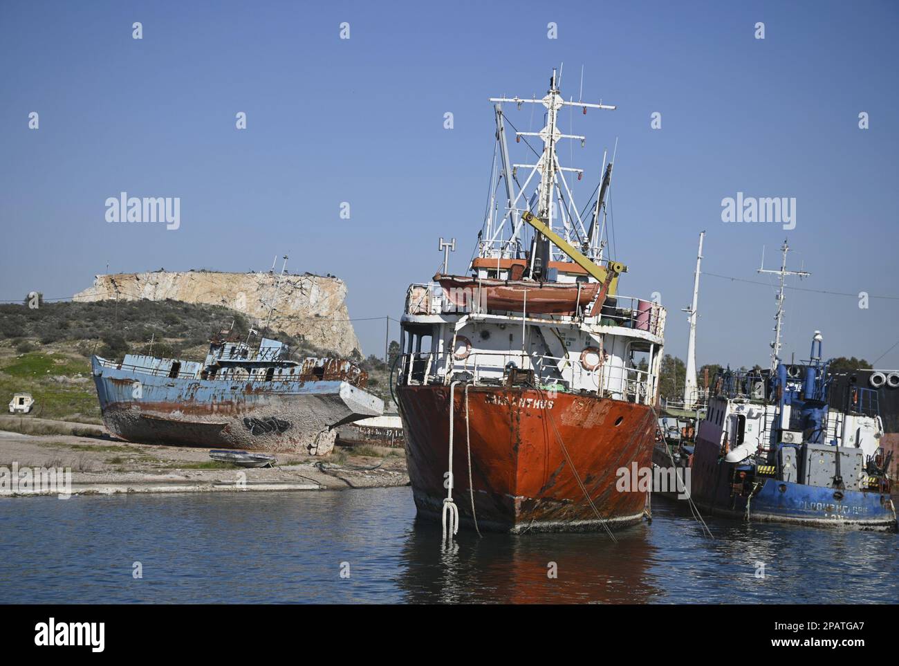 Landscape with various shipwrecks at the shallow Bay of Eleusis in ...