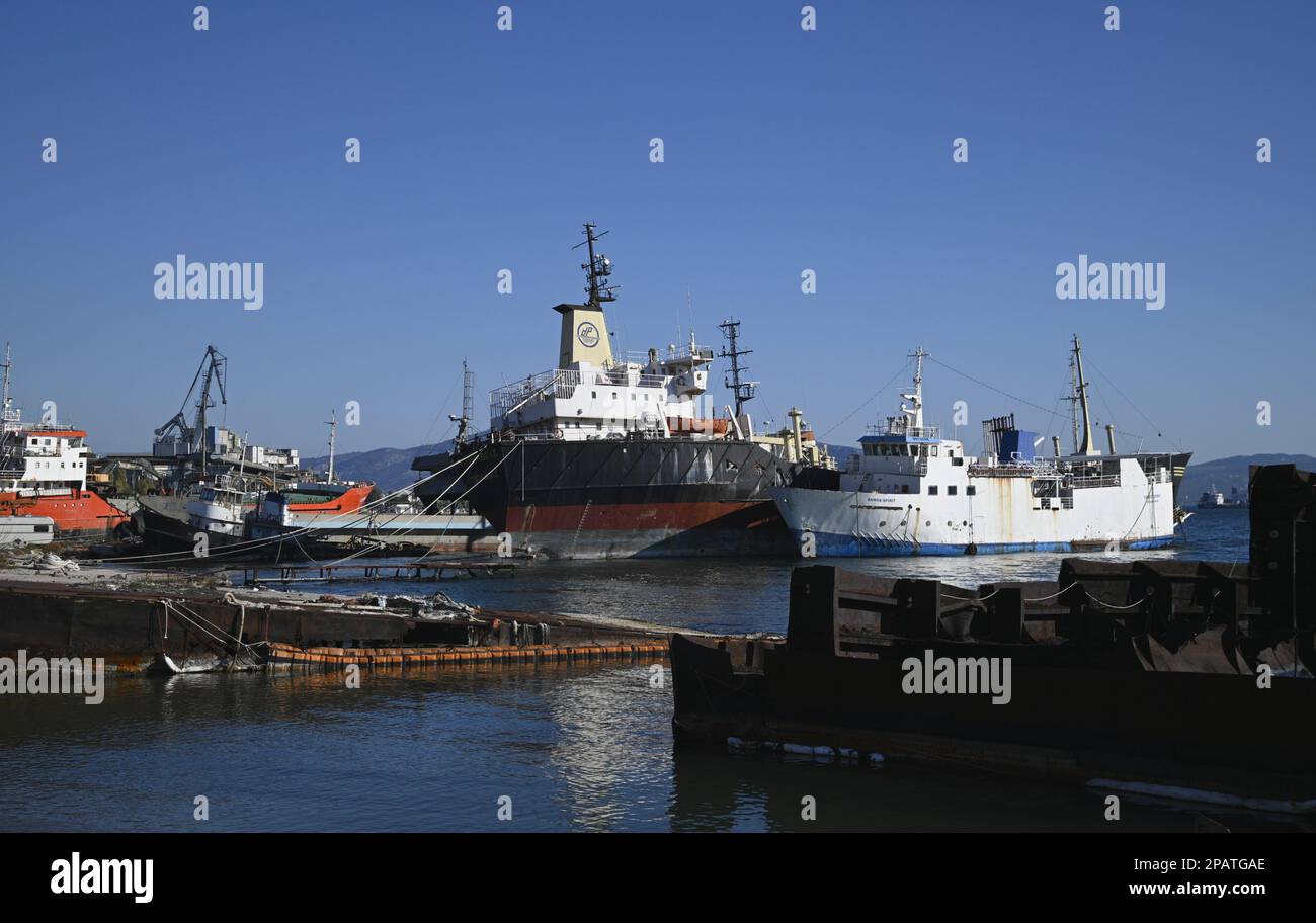 Landscape with various shipwrecks at the shallow Bay of Eleusis in ...