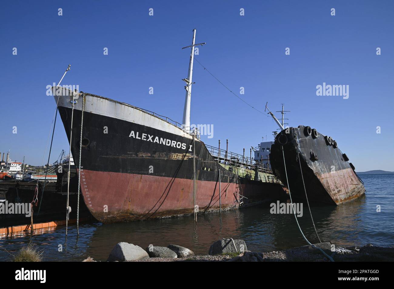 Landscape with various shipwrecks at the shallow Bay of Eleusis in ...