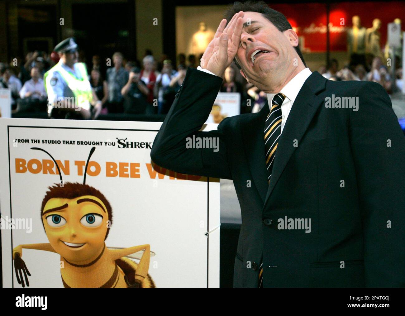 Actor Jerry Seinfeld imitates his cartoon character as he arrives at ...