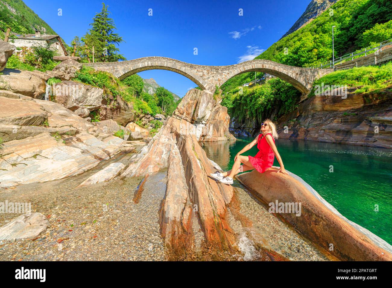 Ponte dei Salti Roman stone bridge over Verzasca River. Verzasca valley ...
