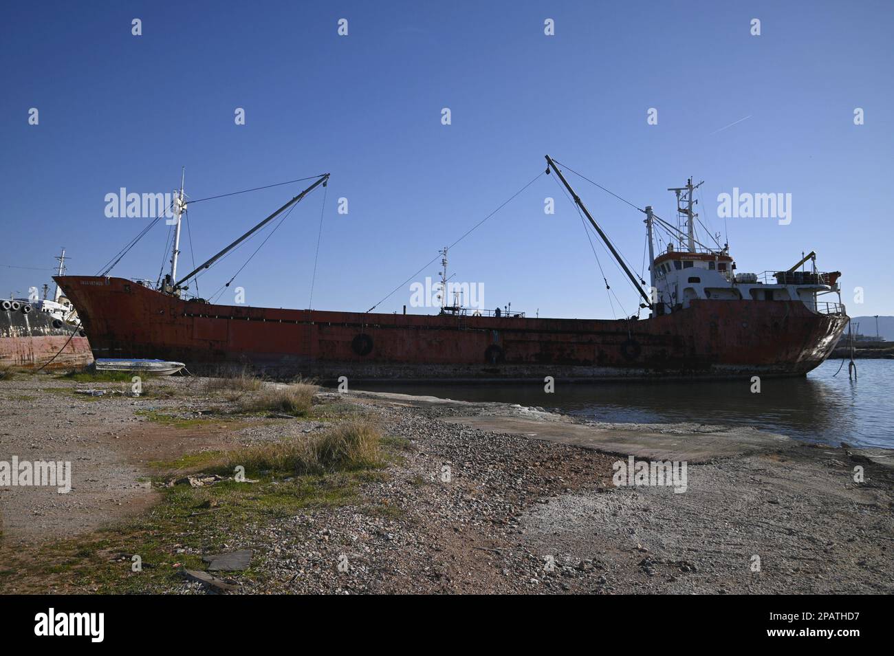 Landscape with various shipwrecks at the shallow Bay of Eleusis in ...