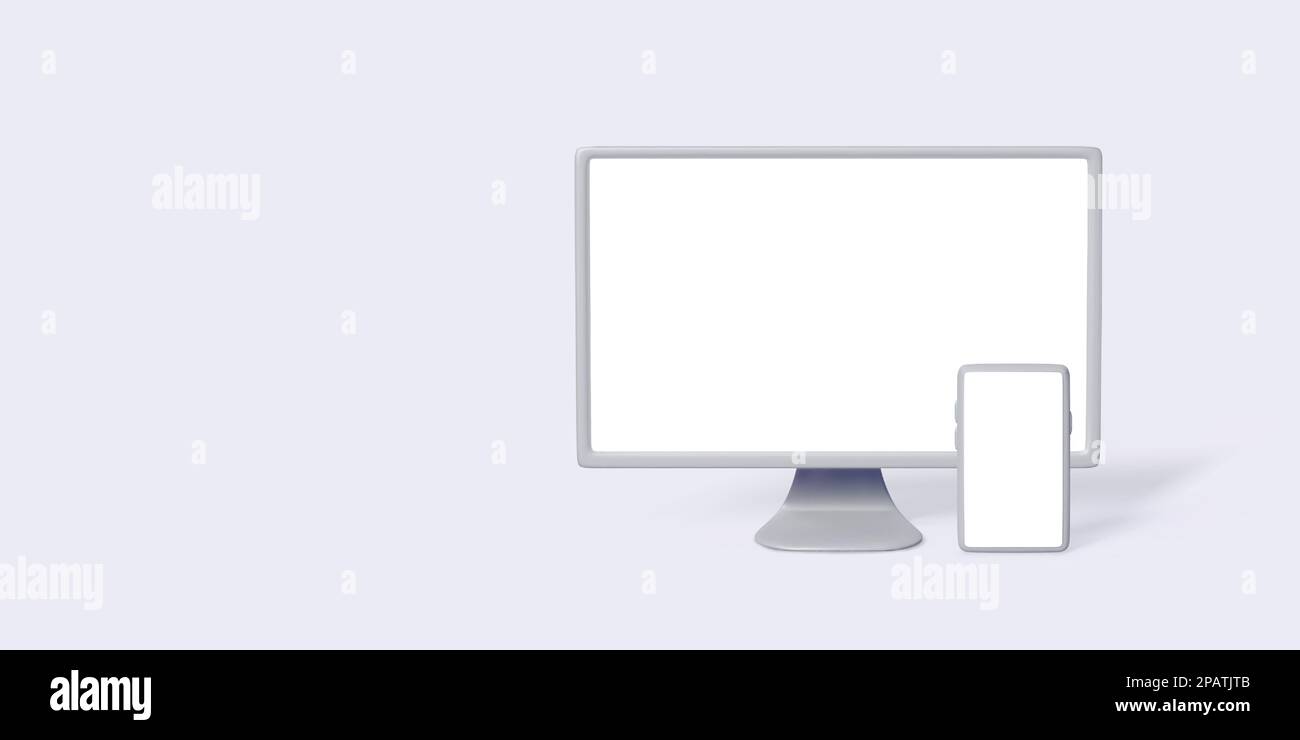 Mock up of 3D PC monitor and mobile phone front view. Modern gadgets ...