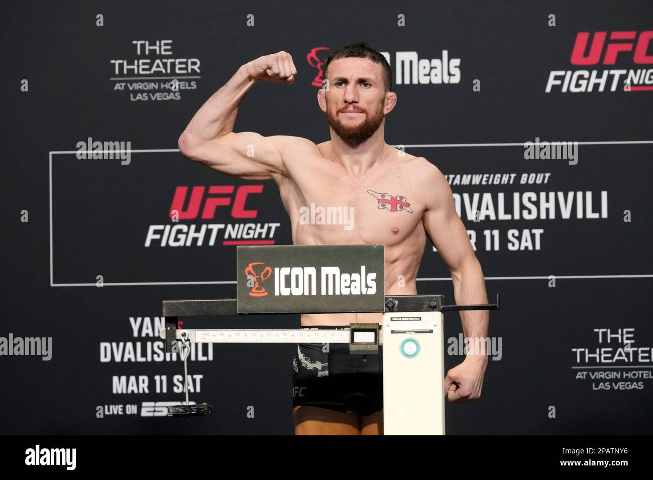 LAS VEGAS, NV - MARCH 10: Merab Dvalishvili steps on the scale for the ...