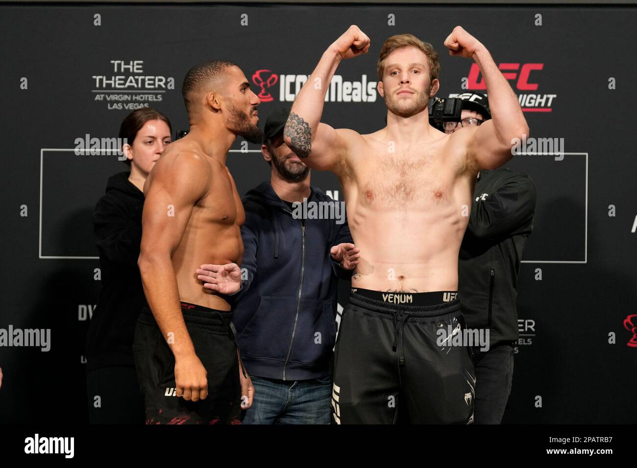 LAS VEGAS, NV - MARCH 10: (L) Vitor Petrino and Anton Turkalj face-off following the official ...