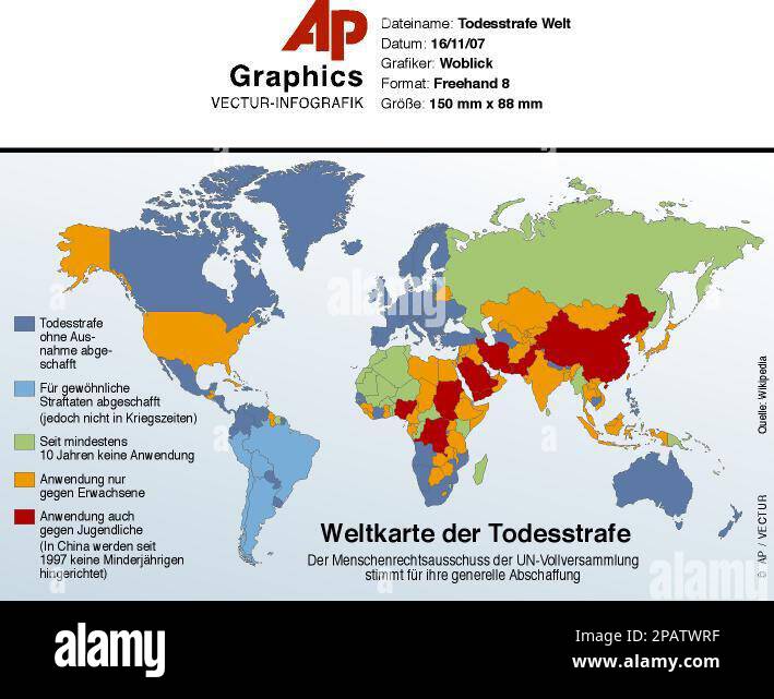 GRA104 GRAFIK TODESSTRAFE WELT - Weltkarte mit Einfaerbung der Laender ...