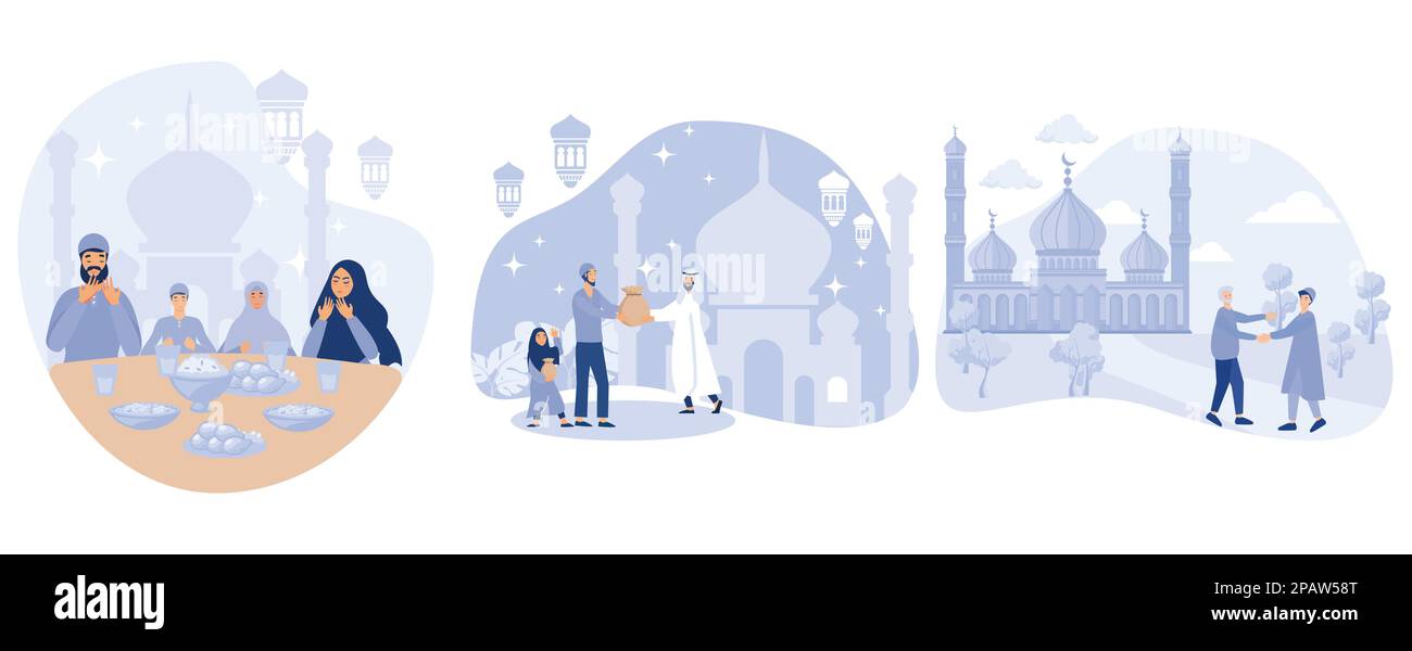 Moslem family iftar, Zakat giving charity, Muslims meet then shake ...