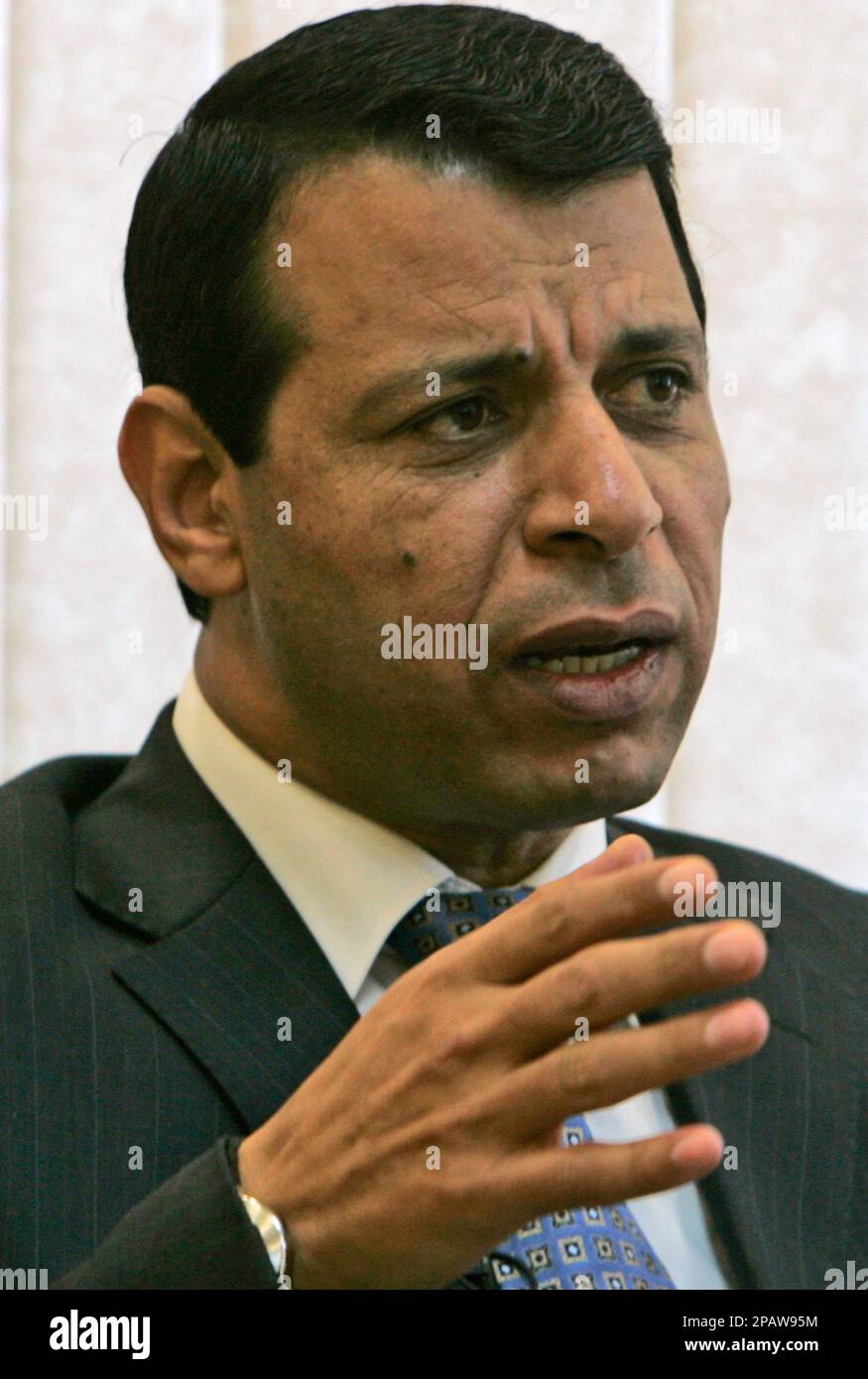 Fatah's former Gaza strongman Mohammed Dahlan speaks during an ...