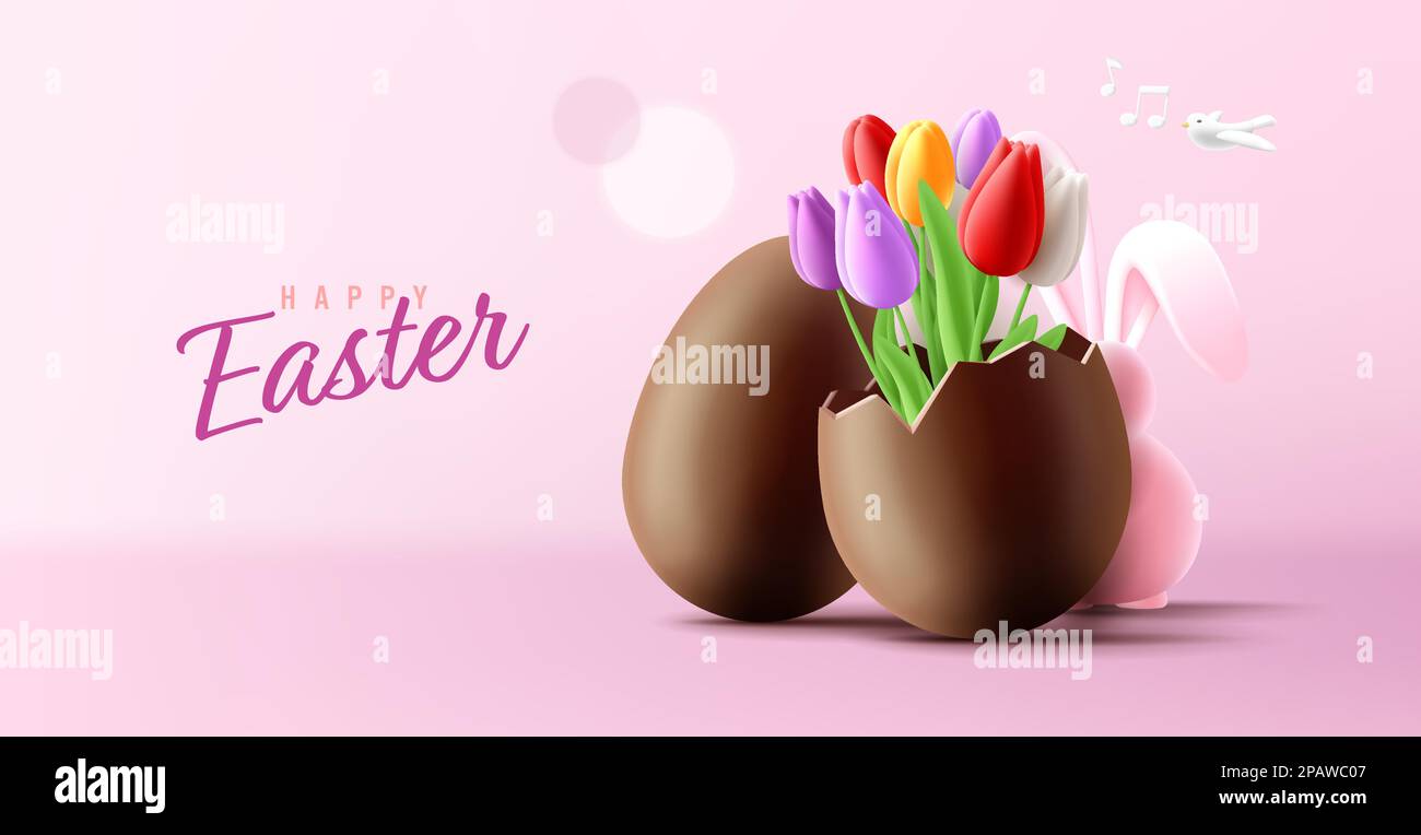 3d Easter illustration with chocolate egg and tulip bouquet inside it ...