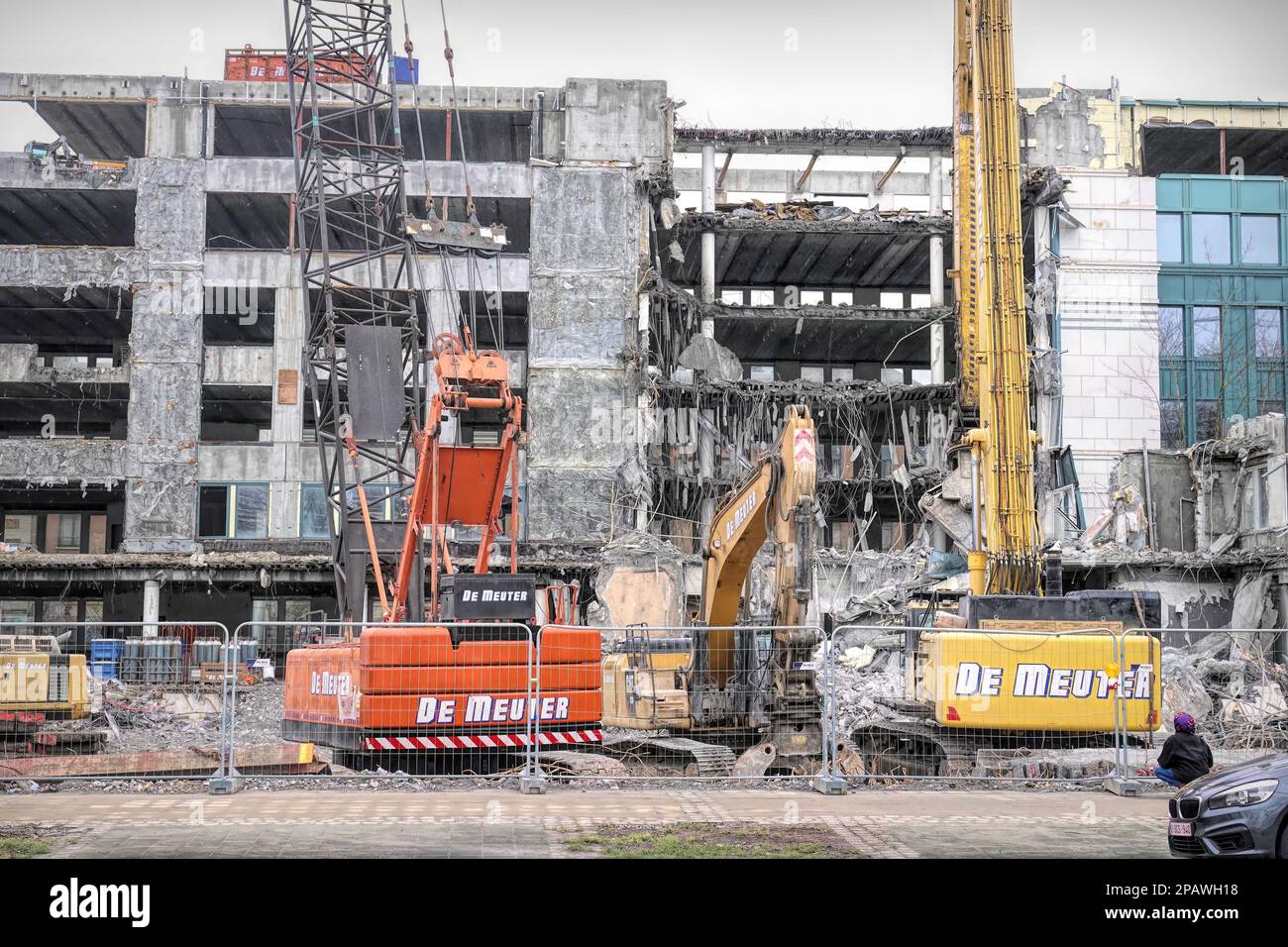 Brussels, Brabant, Belgium 03 09 2023 Wide angle shot on heavy industry demolition work on ...