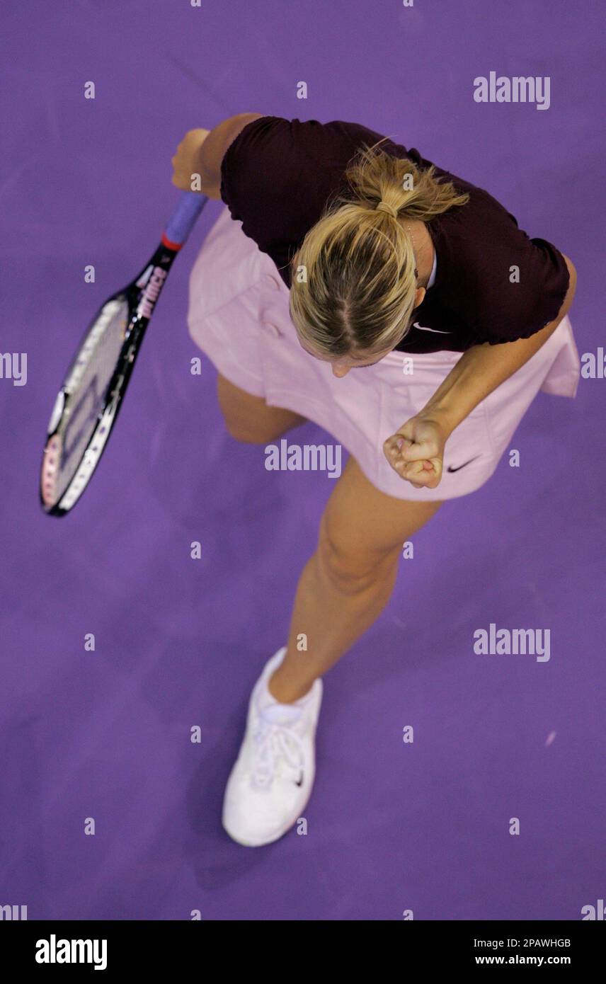 Tennis player Maria Sharapova, from Russia, celebrates a point against ...