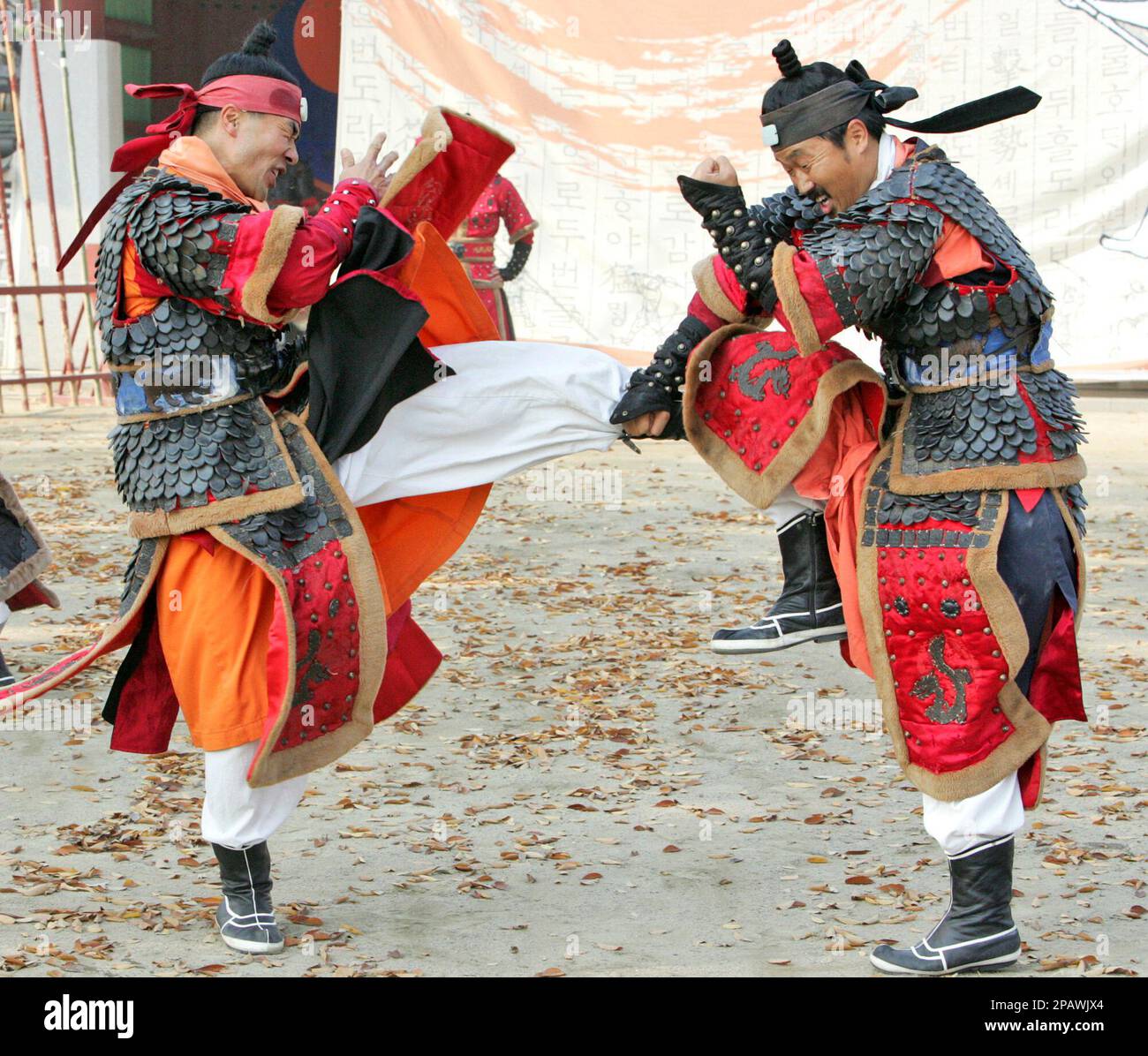 South Korean martial arts masters wearing ancient soldier uniforms ...