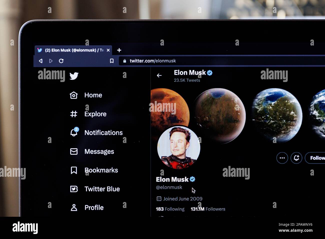 Kaunas, Lithuania - 2023, March 12: Elon Musk Twitter account on PC screen. Elon Musk is CEO of ...