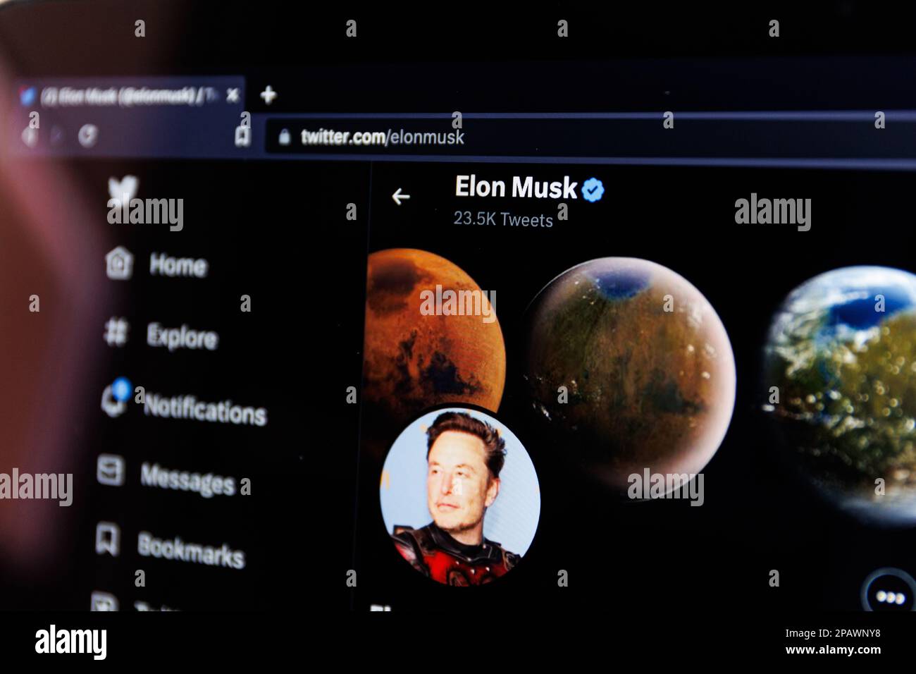 Kaunas, Lithuania - 2023, March 12: Elon Musk Twitter account on PC screen. Elon Musk is CEO of ...