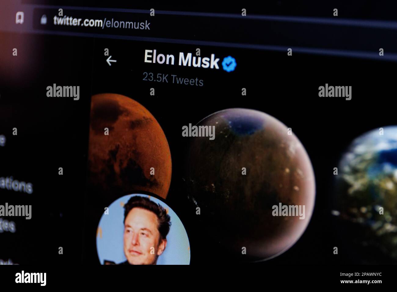 Kaunas, Lithuania - 2023, March 12: Elon Musk Twitter account on PC screen. Elon Musk is CEO of ...