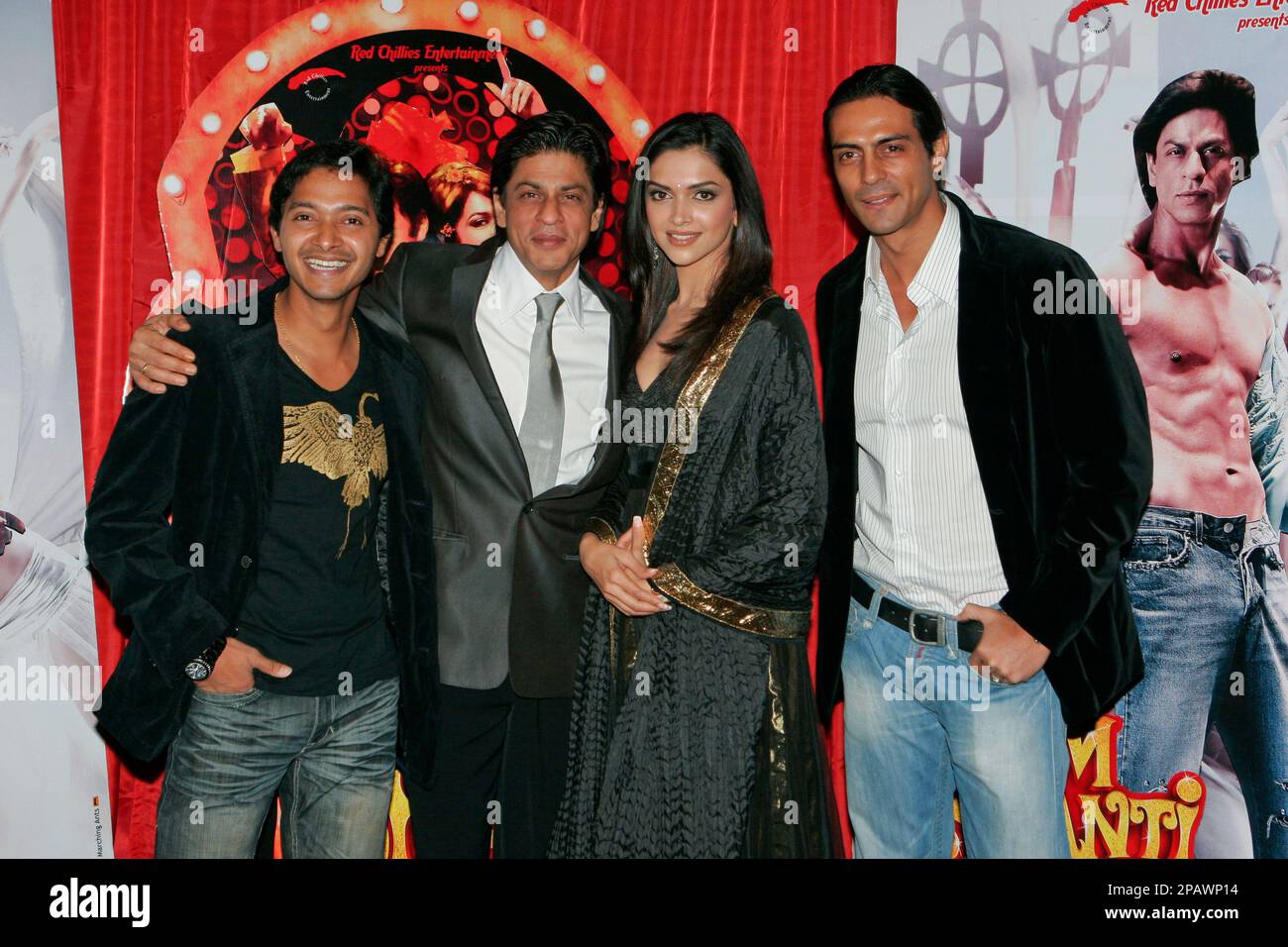 Indian actors, from left to right, Shreyas Talpade, Shah Rukh Khan ...
