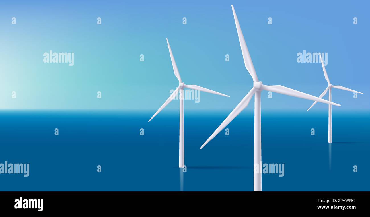 Wind electro station in the ocean 3d illustration, realistic render ...