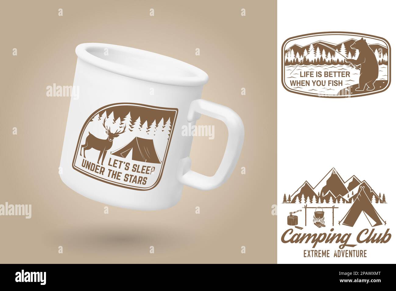 White camping cup. Realistic mug mockup template with sample design ...
