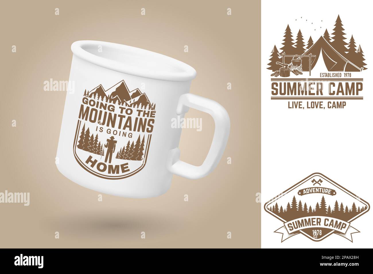 White camping cup. Realistic mug mockup template with sample design ...