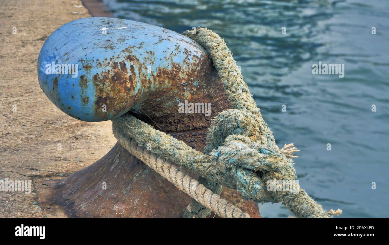 Lock mooring mechanism. Enlarged image of a large blue metal hook with ...