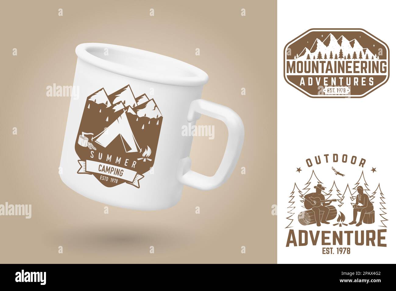 White camping cup. Realistic mug mockup template with sample design ...