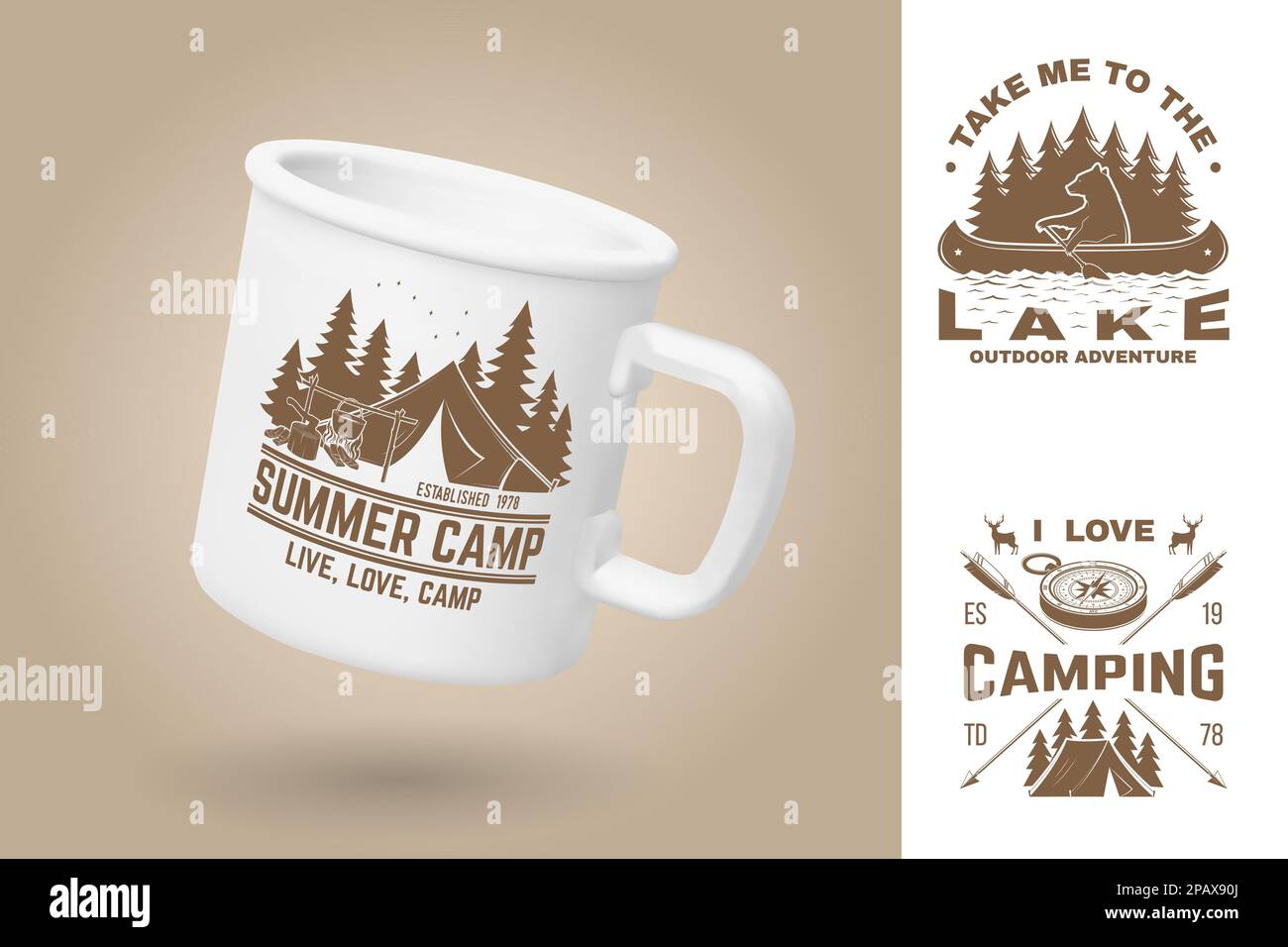 White camping cup. Realistic mug mockup template with sample design ...