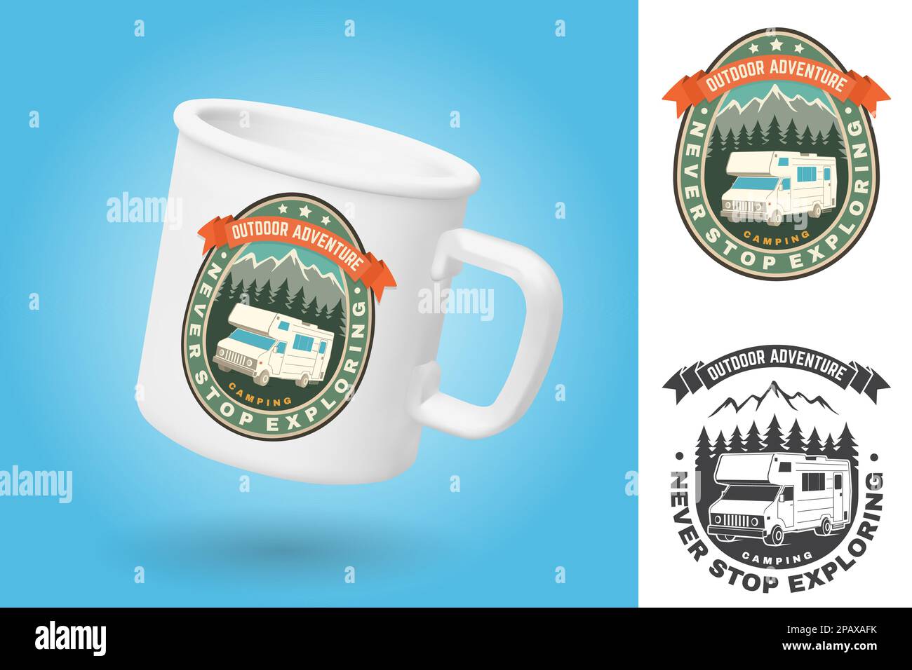 White camping cup. Realistic mug mockup template with sample design ...