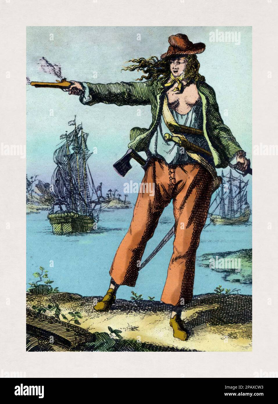 18th centrury engraving of the woman pirate Anne Bonney (1697-1720) by ...