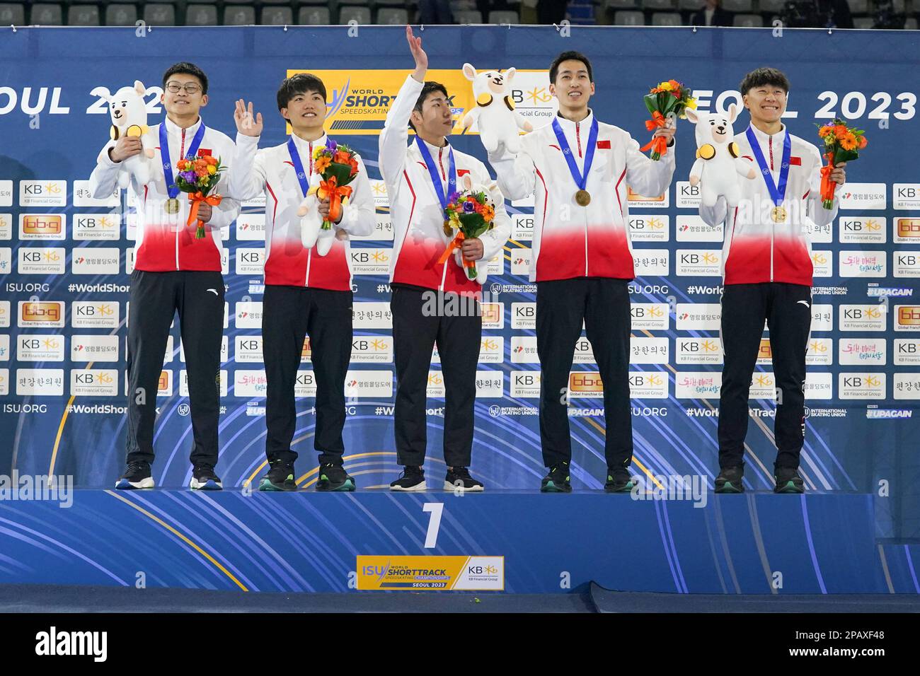 SEOUL, KOREA - MARCH 12: Wenlong Li of China, Xiaojun Lin of China, Guanyi Liu of China and ...