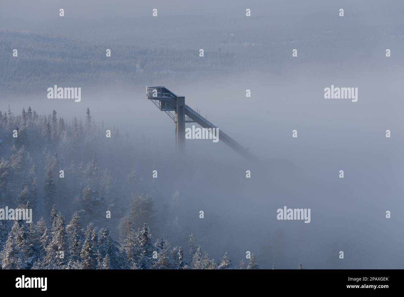 Ounasvaara ski jumping hill in Rovaniemi, Finland, surrounded by fog ...