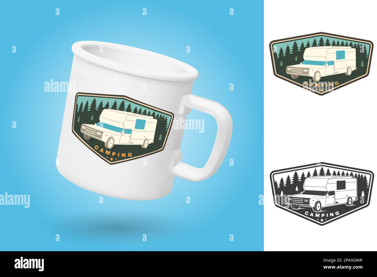 White camping cup. Realistic mug mockup template with sample design ...