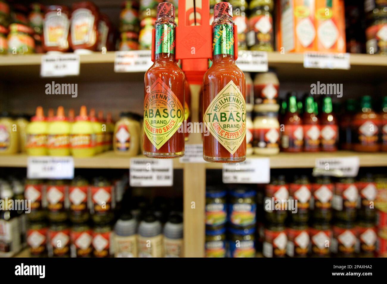 A variety of Tabasco sauce and products are shown at the Tabasco ...