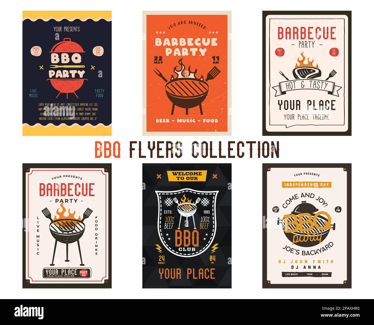 Retro BBQ party flyer templates set. BBQ grill cards for social media ...
