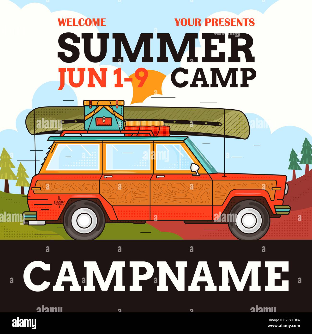 Adveture Summer Camp Social media post template with retro camper car ...