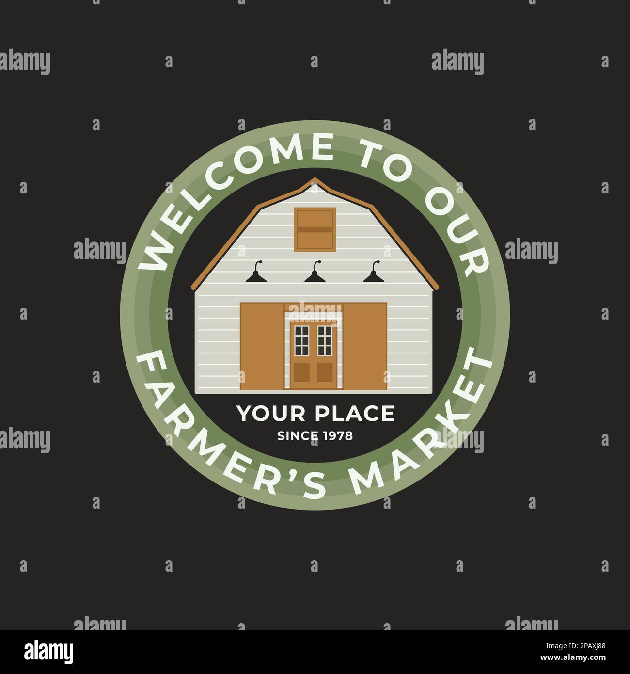 Farmers Market Logo vector template with barn and farmer landscape ...