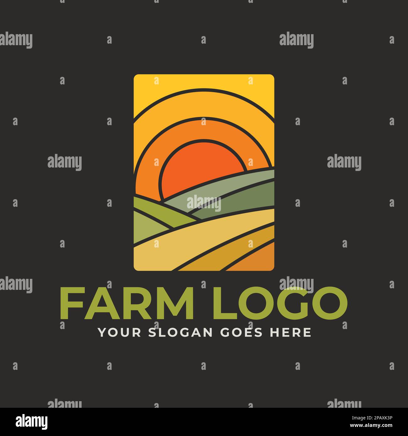 Farm Logo vector template with farmer landscape. Locally grown badge ...