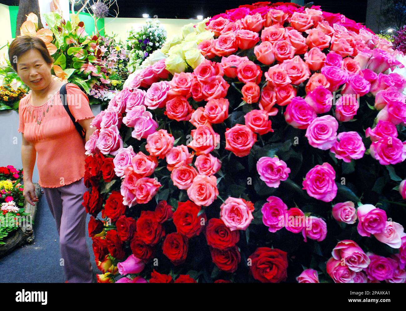 A Taiwanese woman looks at a display of roses at the Taipei ...