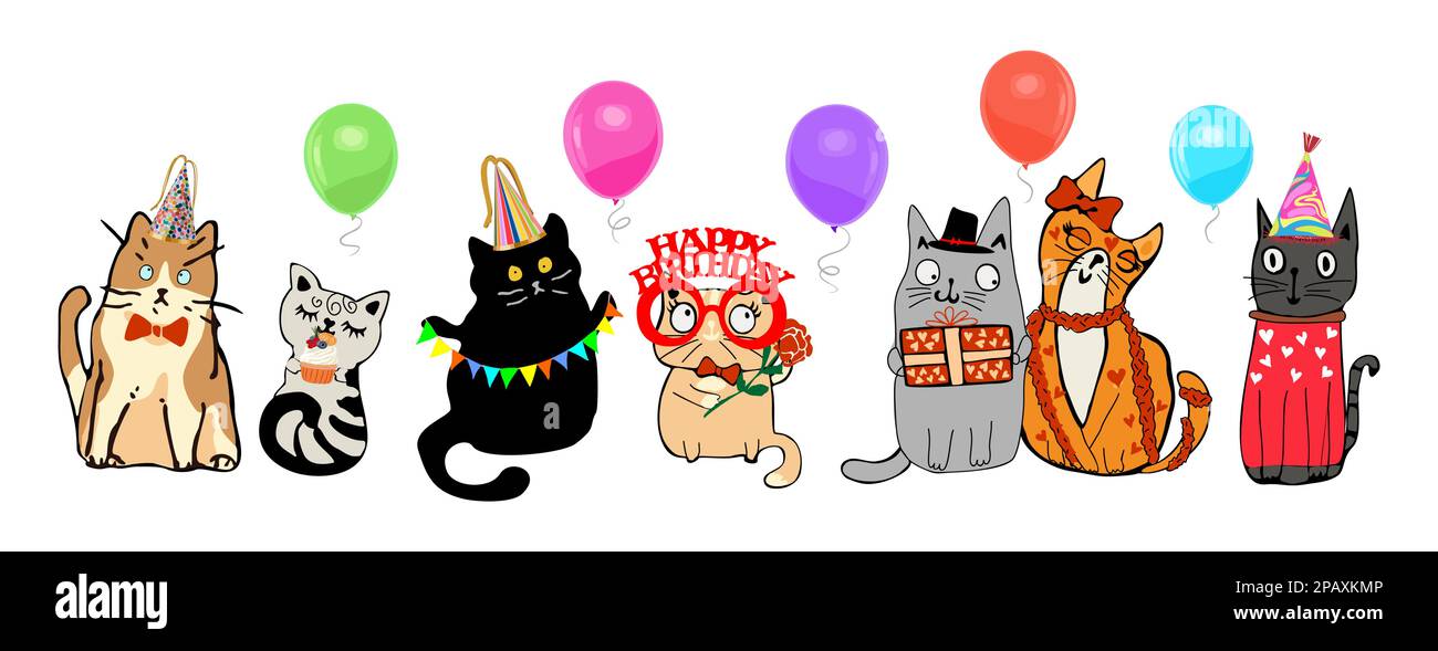Set of funny Happy Birthday cats vector isolated Stock Vector Image ...